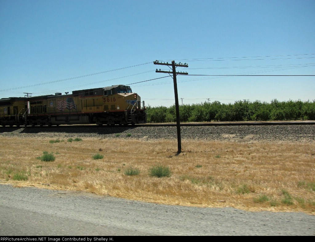 UP 5616 leading a train though Pixley